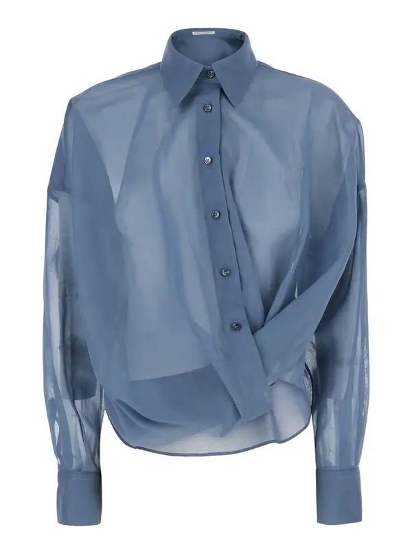 Brunello Cucinelli Blue Shirt With Off-center Closure On The Front And Monil On The Back In Cotton For - Multicolor