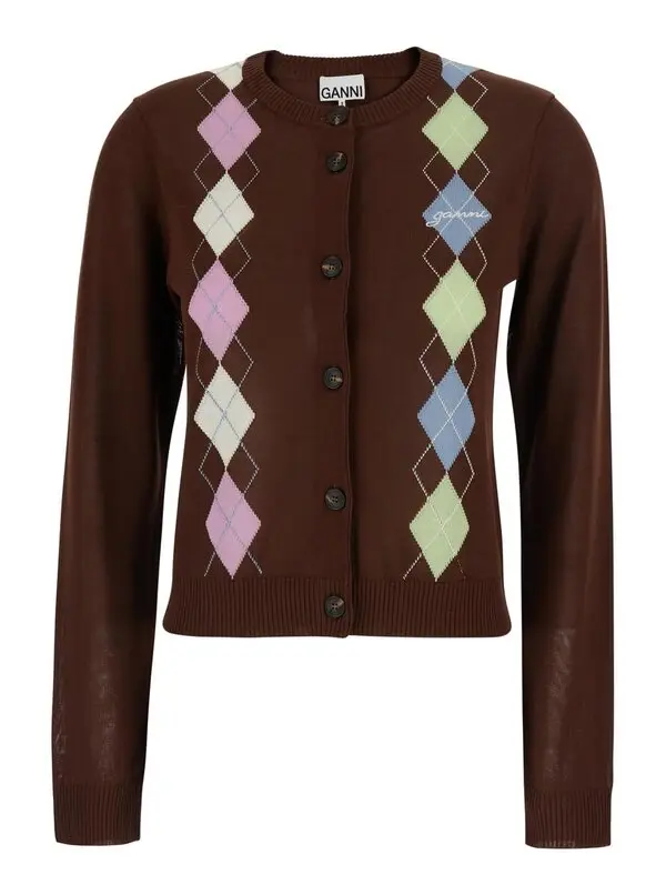 GANNI Crew Neck Cardigan With An Argyle Motif On The Front In Cotton For - Brown