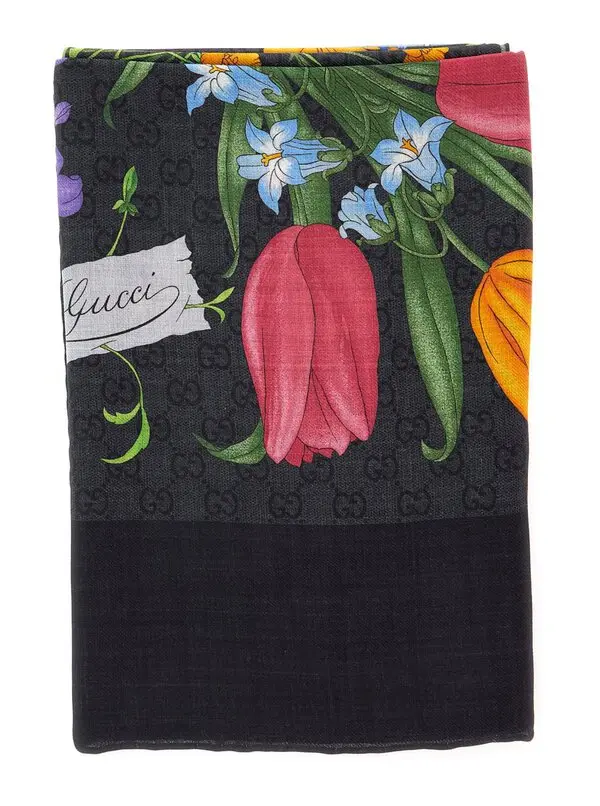 Gucci Black Scarf With Floral Print And All-over Gg In Wool And Silk For - Multicolor