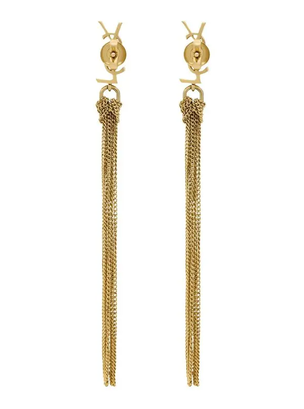 Saint Laurent Earrings 'cassandre' With Tassel And Stud In Metallic Brass - Multicolor