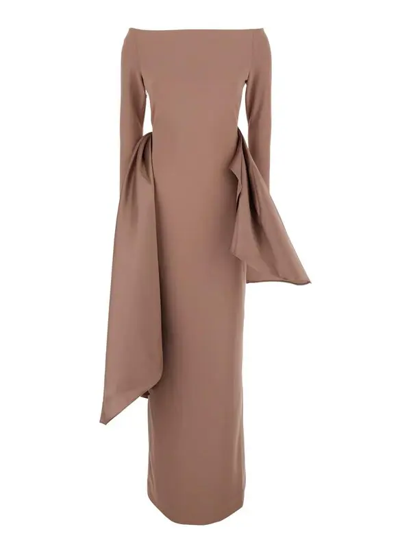 Solace London Kiana' Brown Long Dress With Boat Neckline And Maxi Draped Detail In Tech Fabric Stretch - Multicolor