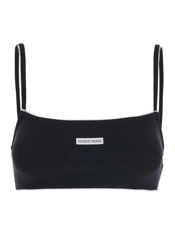 MARINE SERRE Black Sports Bra With Square Neckline And Logo Patch On The Front In Stretch Cotton For - Multicolor