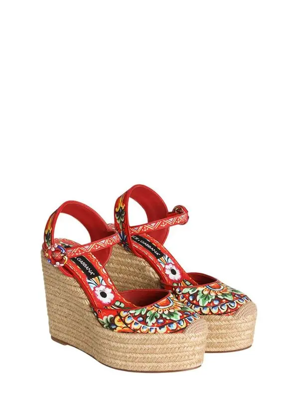 Dolce & Gabbana Canvas Wedge Sandal With Carretto Print - Multicolor