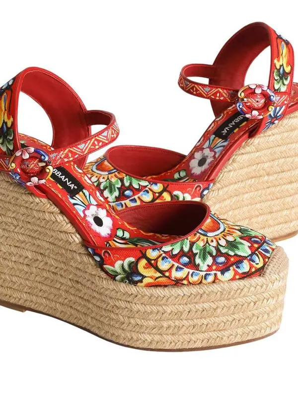 Dolce & Gabbana Canvas Wedge Sandal With Carretto Print - Multicolor