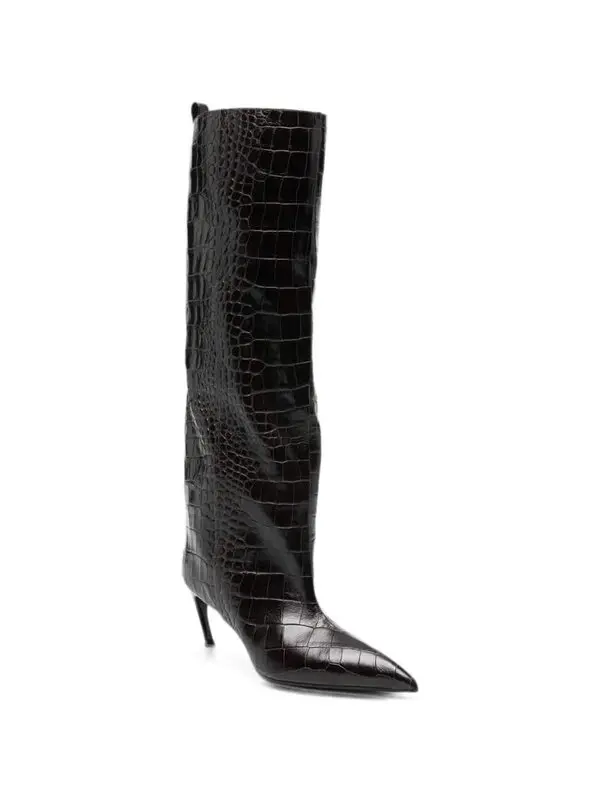 Attico Lea Knee-high Boots With A Pointed Toe And Crocodile-effect Toe - Brown