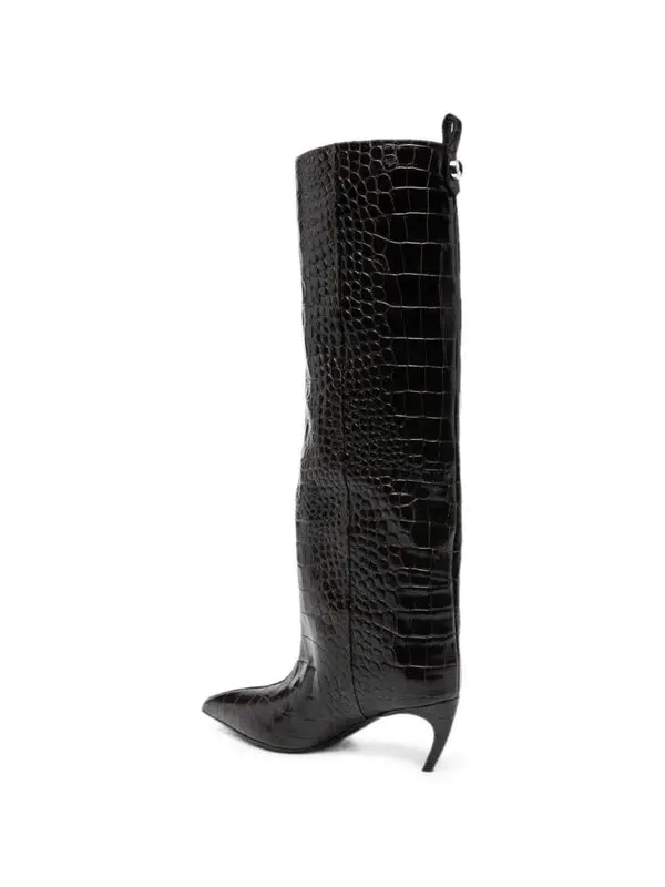 Attico Lea Knee-high Boots With A Pointed Toe And Crocodile-effect Toe - Brown