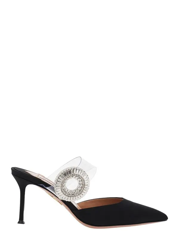AQUAZZURA Black Slingback Mules With Crystal Embellishment And Transparent Strap In Suede - Multicolor