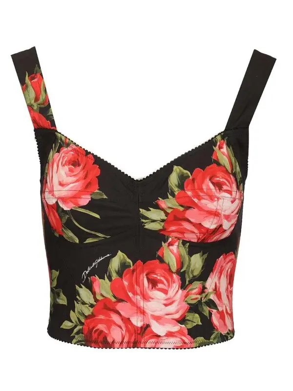 Dolce & Gabbana Rose Bouquet Print Bustier Top - Black