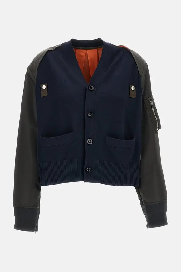 Sacai Nylon Twill And Cotton Knit Cardigan - Multicolor