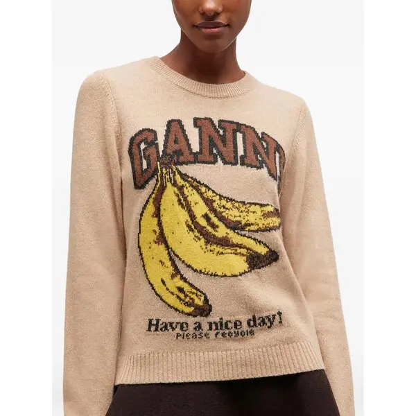 GANNI Wool Blend Graphic Knit Pullover - Cream