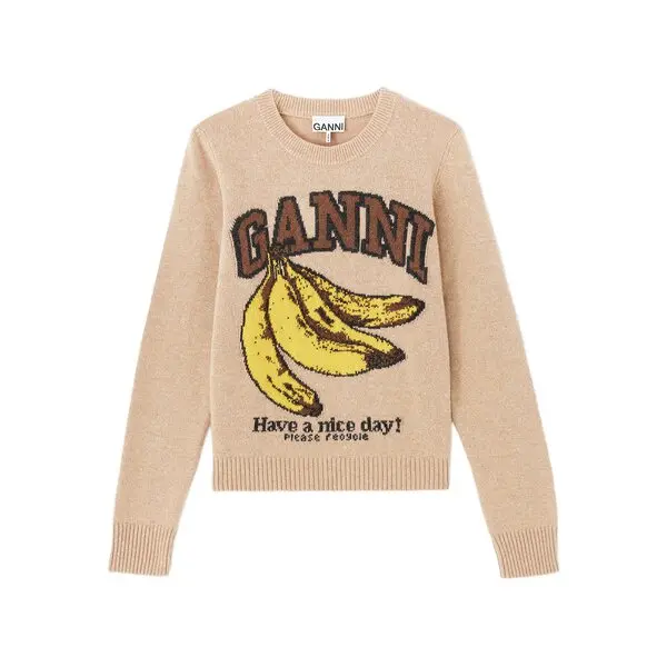 GANNI Wool Blend Graphic Knit Pullover - Cream