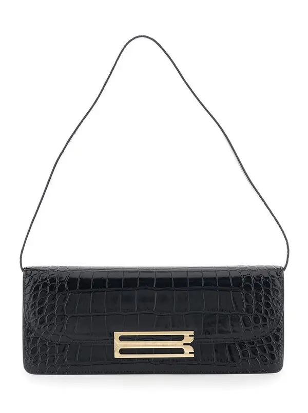 Victoria Beckham Dorian East-west' Shoulder Bag With Plaque Closure On The Front And Crocodile-embossed Effect In Leather For - Black