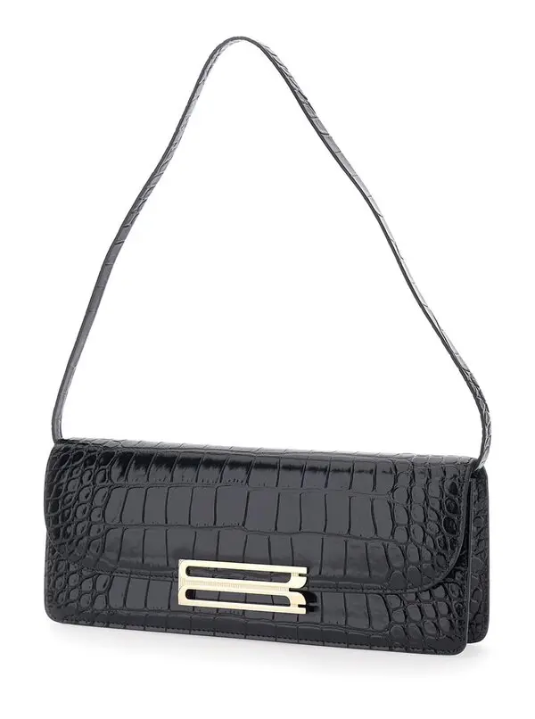 Victoria Beckham Dorian East-west' Shoulder Bag With Plaque Closure On The Front And Crocodile-embossed Effect In Leather For - Black