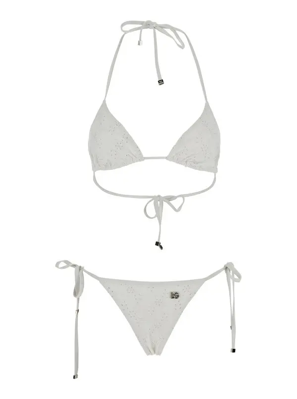 Dolce & Gabbana White Bikini With Embroidered Design And Dg Logo In Tech Fabric - Multicolor