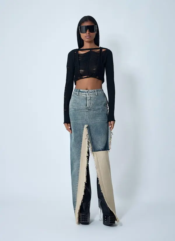 Rick Owens Denim Distressed Maxi Skirt