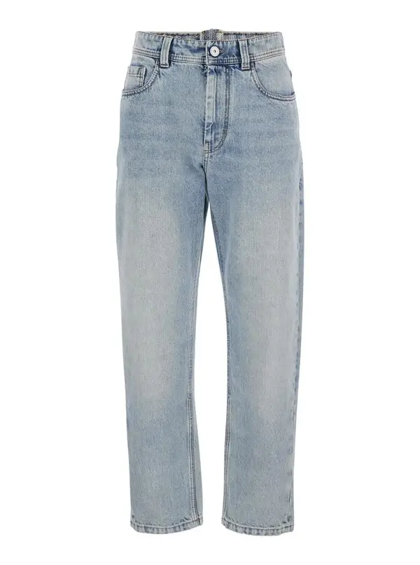 Brunello Cucinelli Light Blue Jeans With Logo Patch On The Back And Contrasting Stitching In Denim For - Multicolor
