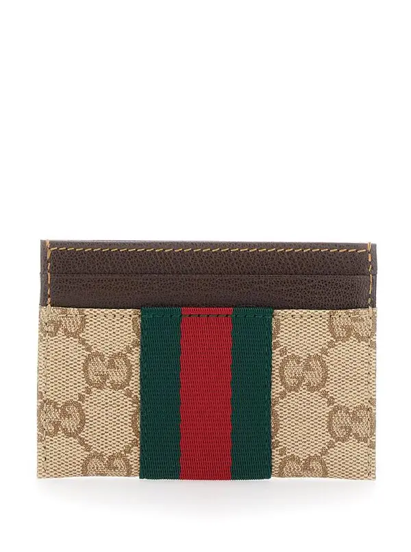 Gucci Beige Card Holder With Web Stripe And All-over Gg Motif In Fabric For - Multicolor
