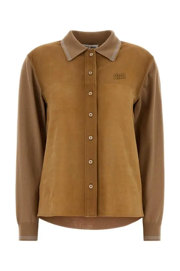 Miu Miu Camel Wool And Suede Cardigan