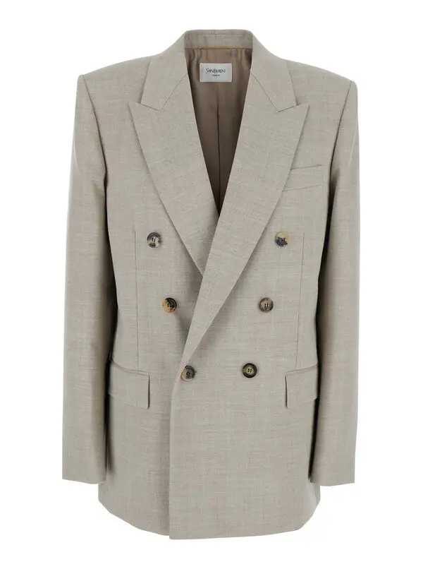 Saint Laurent Grey Double-breasted Jacket With Peak Revers In Wool - Multicolor