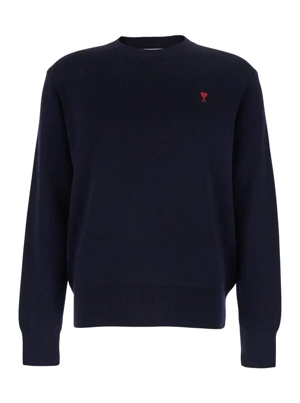 AMI Paris Crewneck Sweater With Adc Embroidery On The Front In Wool Blend Blue - Multicolor
