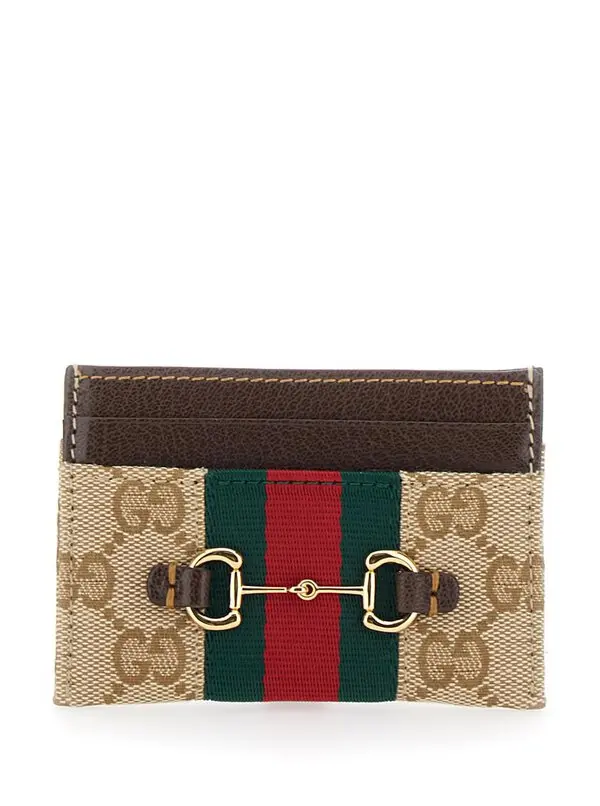 Gucci Beige Card Holder With Metallic Horsebit And Web Stripe In Fabric For - Multicolor