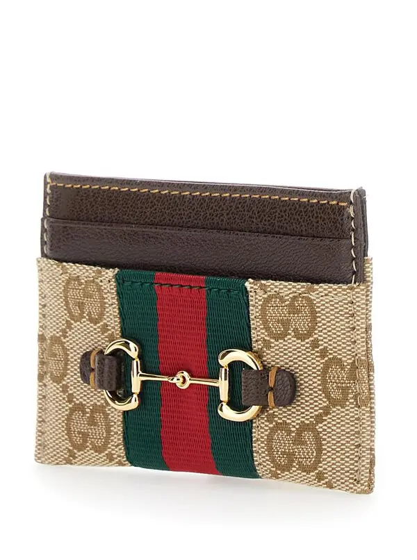 Gucci Beige Card Holder With Metallic Horsebit And Web Stripe In Fabric For - Multicolor