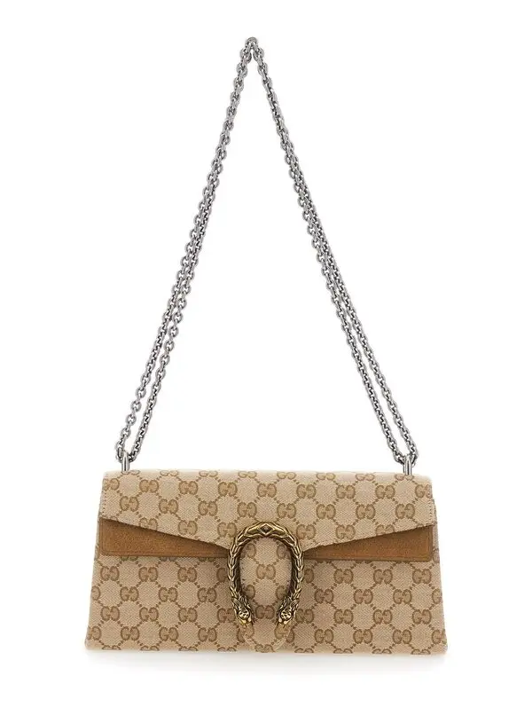 Gucci Dionysius' Beige Shoulder Bag With Metal Plate On The Front And All-over Gg Motif In Fabric - Cream