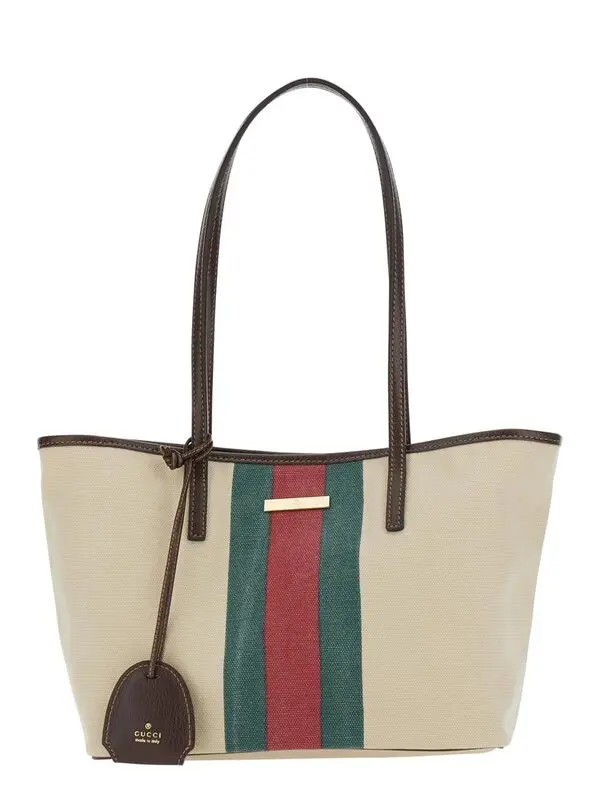 Gucci Essence' White Tote Bag With Logo Plate On The Front And Web Stripe In Leather For - Multicolor