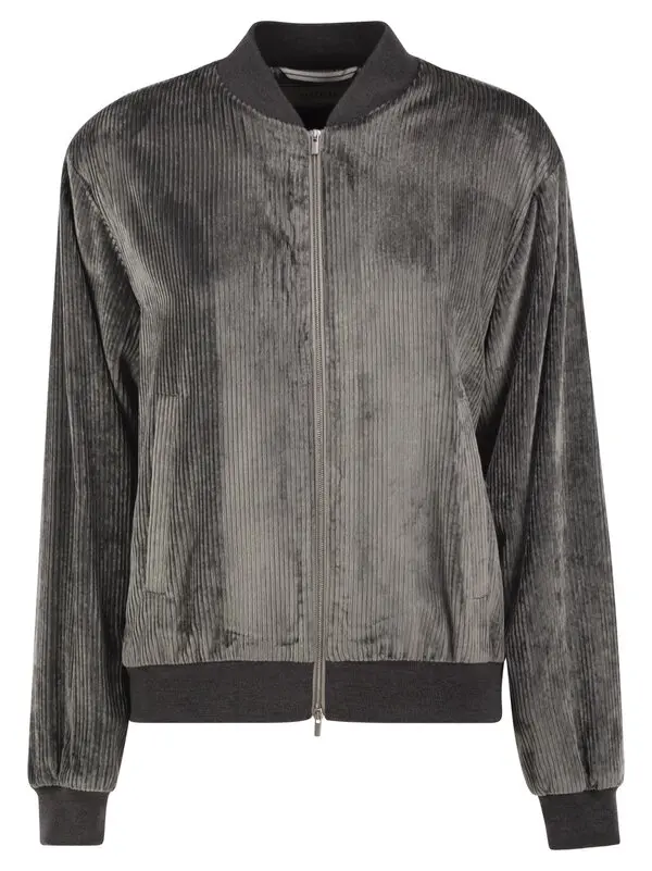 Peserico Stretch Corded Velvet Bomber Jacket With Silk Details - Gray