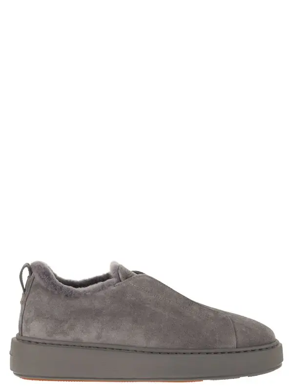 Santoni Slip-on Suede Sneakers With Fur - Gray