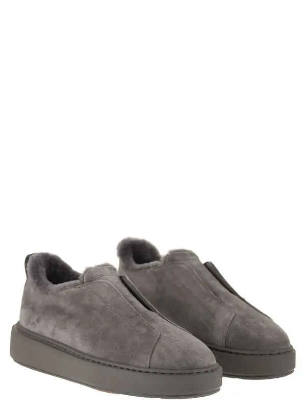 Santoni Slip-on Suede Sneakers With Fur - Gray