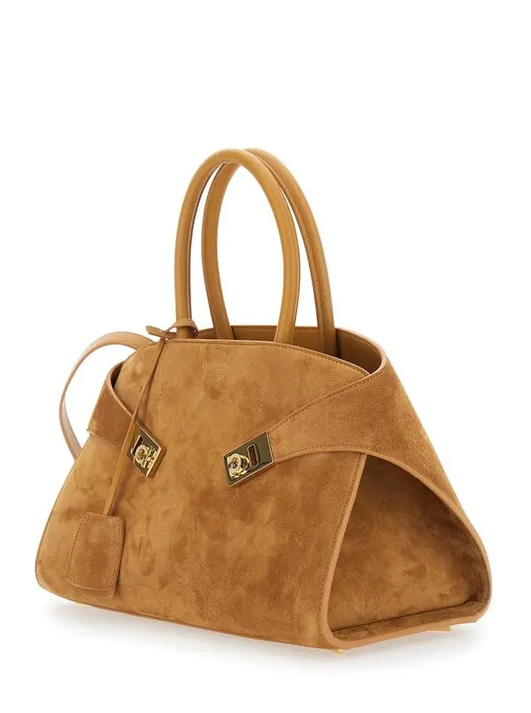 FERRAGAMO Handbag 'hug Small' With Logo And Gancini Buckles On The Front In Suede Beige - Cream