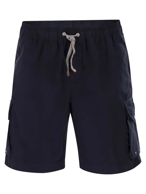 Brunello Cucinelli Bermuda Shorts In Garment-dyed Cotton Gabardine With Drawstring And Double Darts - Blue