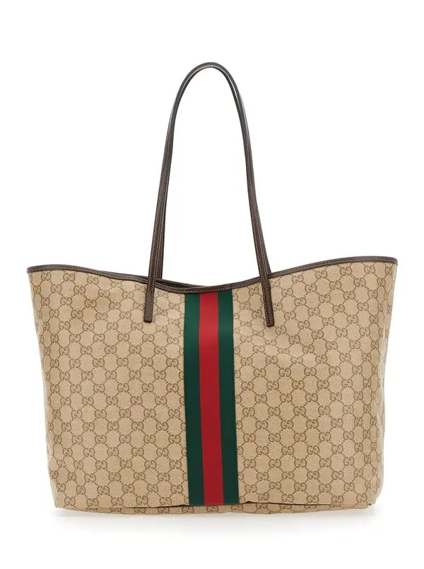 Gucci Essence' Beige Tote Bag With Maxi Web Stripe And Automatic Button Closure In Gg Canvas For - Multicolor