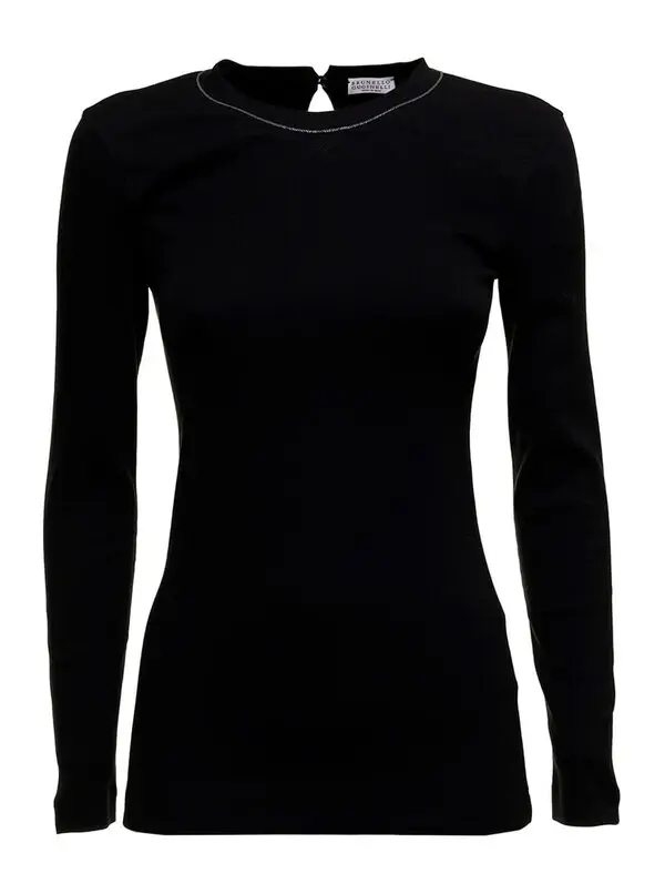 Brunello Cucinelli Long Sleeve T-shirt With Round Neck And Monile Details In Cotton - Black