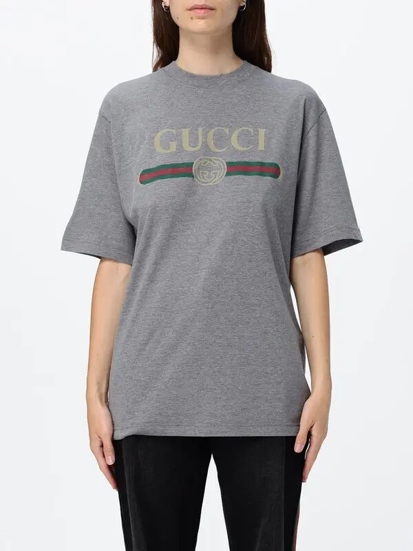 Gucci Cotton T-shirt With Web Logo And Dropped Shoulders - Gray