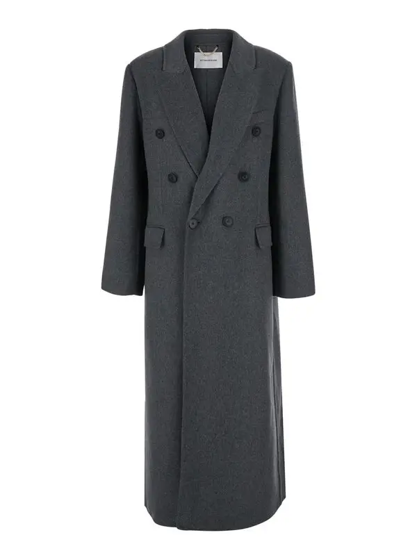 Victoria Beckham Grey Coat With Wide Notched Revers And Belt On The Back In Wool And Cashmere For - Multicolor