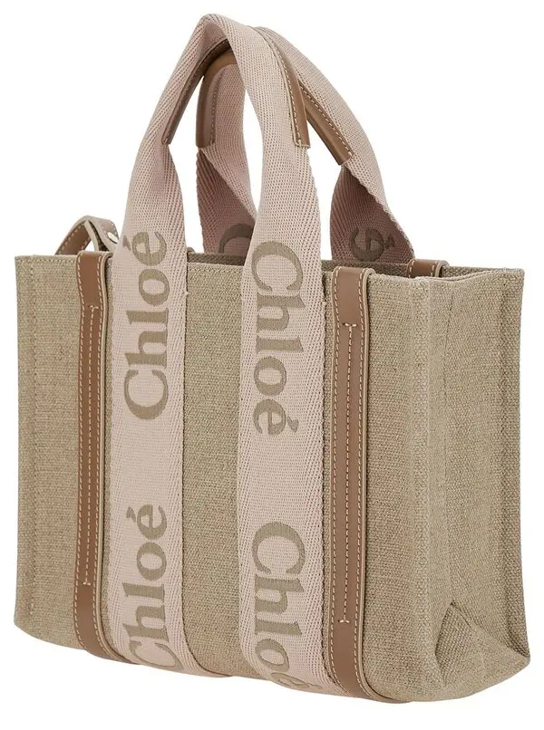 Chloé Tote Bag 'woody Piccola' With Linen Logo Detail Beige - Multicolor