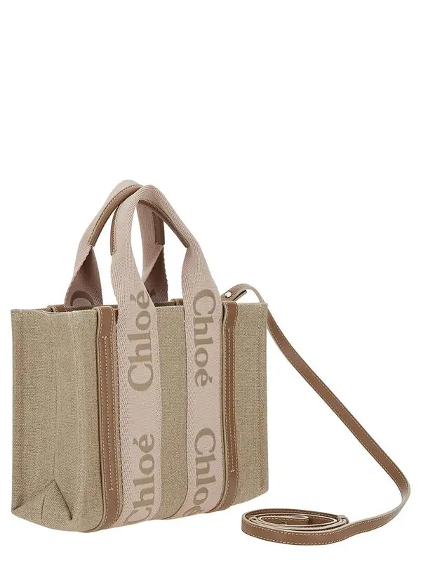 Chloé Tote Bag 'woody Piccola' With Linen Logo Detail Beige - Multicolor
