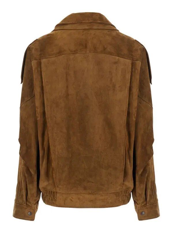 Saint Laurent Brown Jacket With Classic Collar And Buckled Belt In Suede For - Multicolor