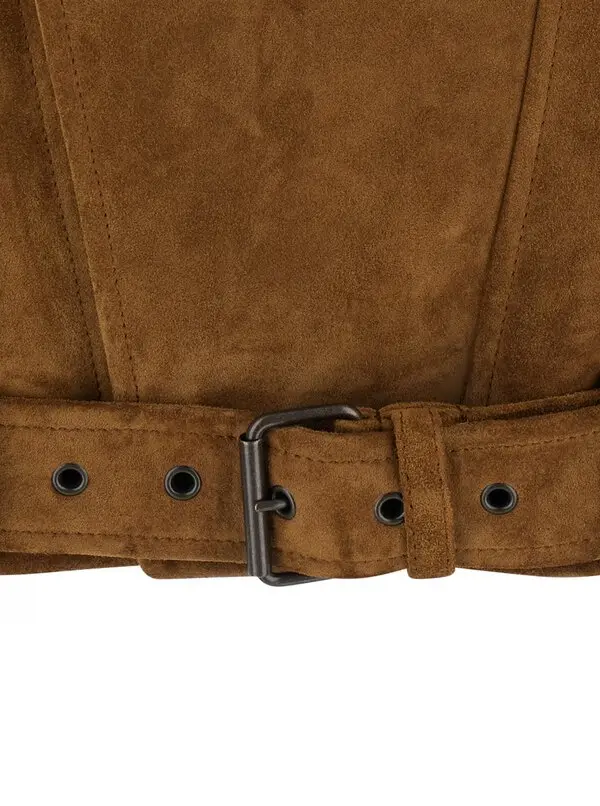Saint Laurent Brown Jacket With Classic Collar And Buckled Belt In Suede For - Multicolor