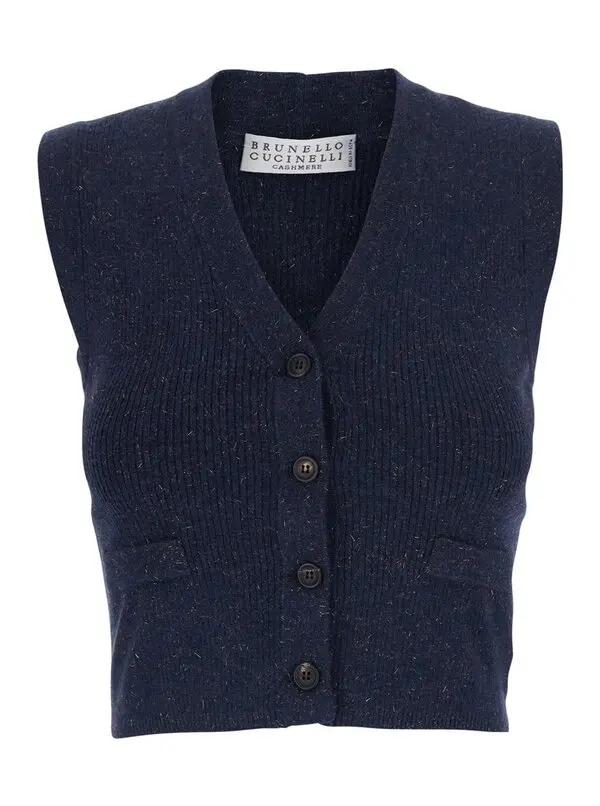Brunello Cucinelli Blue Vest With V-neck And Two Flap Pockets On The Front In Cashmere Blend For - Multicolor