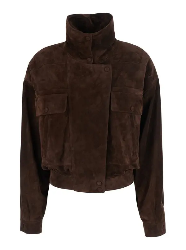 Saint Laurent Brown Jacket With Raised Collar With Snap Buttons And Elasticated Waist At The Back In Suede For - Multicolor