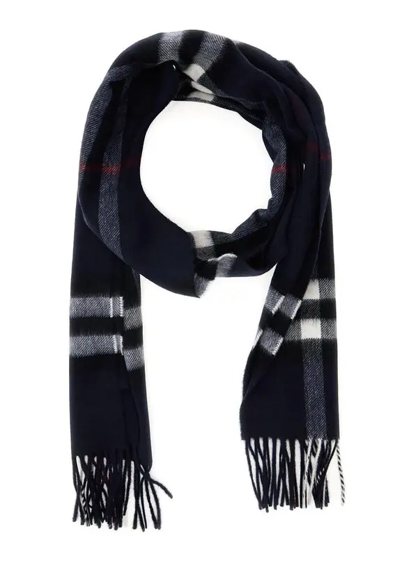 Burberry Blue Scarf With Fringed Edges And All-over Check Motif In Cashmere For - Multicolor