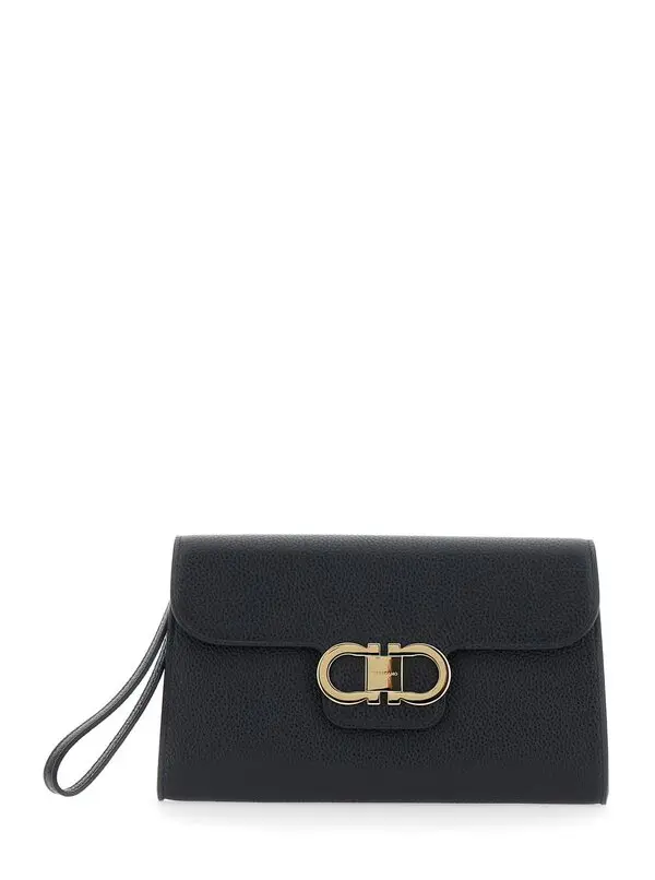 FERRAGAMO Black Clutch With Double Gancini Buckle On The Front In Grained Leather For - Multicolor