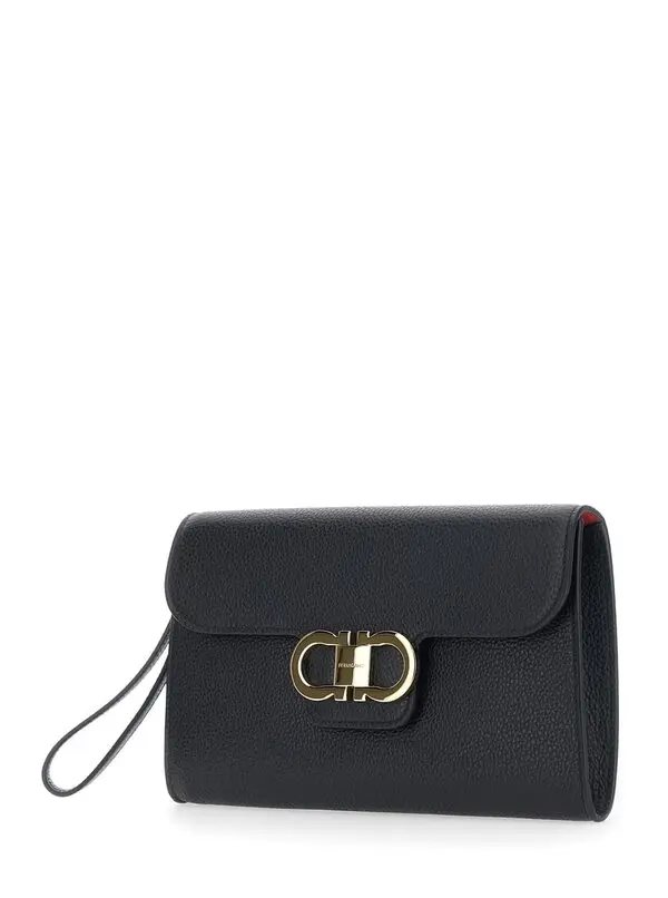 FERRAGAMO Black Clutch With Double Gancini Buckle On The Front In Grained Leather For - Multicolor