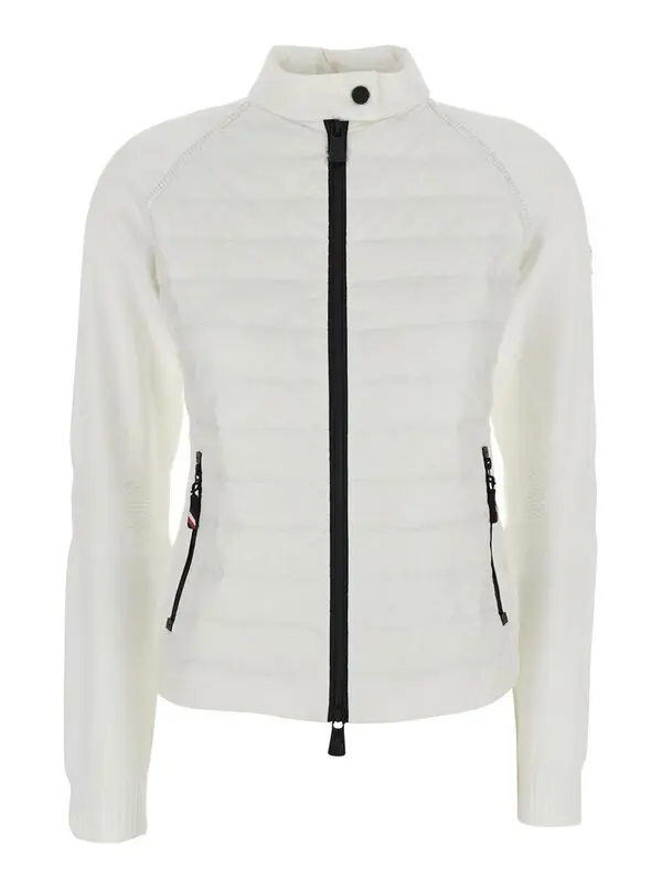 Moncler White Cardigan With Stand-up Collar And Logo On The Sleeve In Tech Fabric - Multicolor