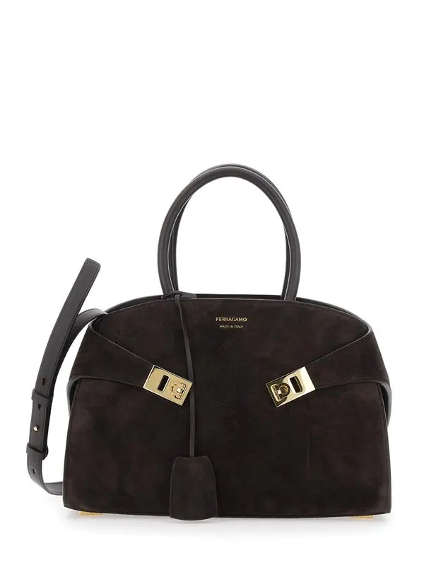FERRAGAMO Handbag 'hug Piccola' With Logo And Gancini Buckles In Suede For - Brown