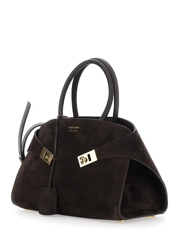 FERRAGAMO Handbag 'hug Piccola' With Logo And Gancini Buckles In Suede For - Brown