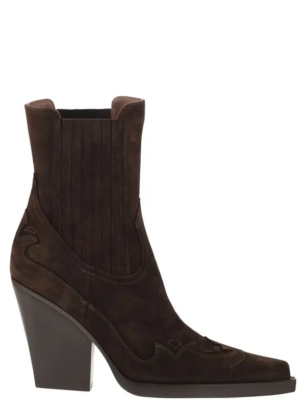 Paris Texas Dallas Embroidered Ankle Boot 100 Suede Western Ankle Boots - Brown